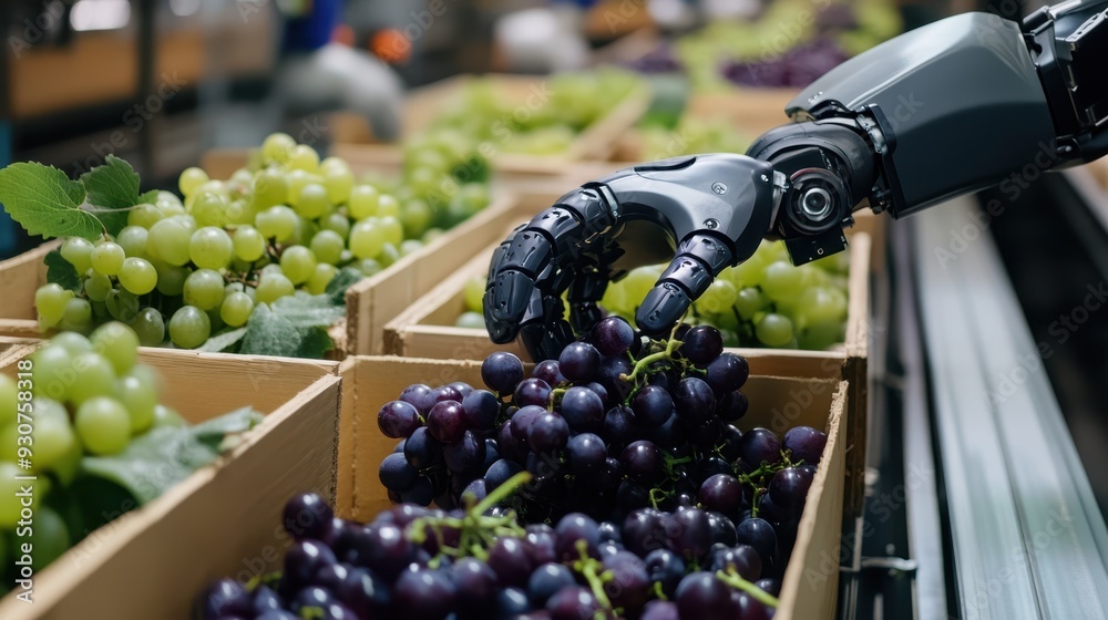 Grape box in conveyor belt with hi-tech robot hand at industry plant ...