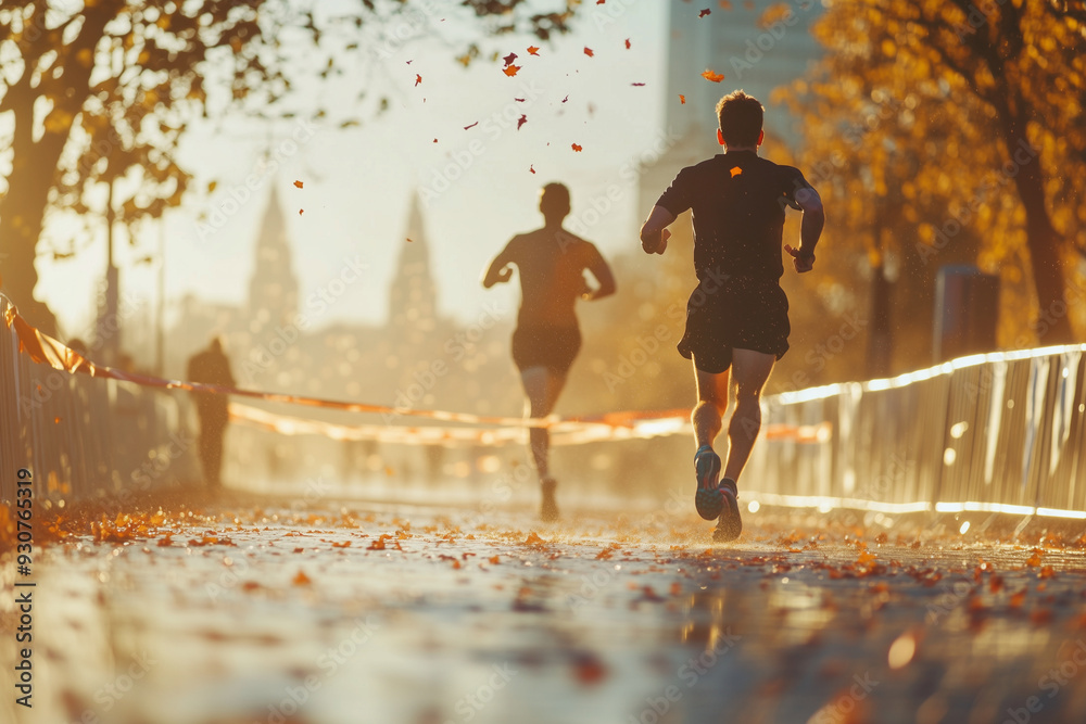 Marathon in autumn. Legs of runner running on autumn road closeup on ...