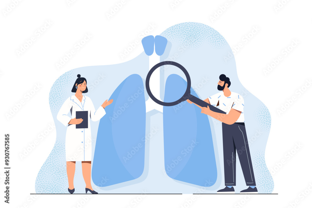 Vetor de Pulmonologist with lungs. Man with magnifying glass and woman ...