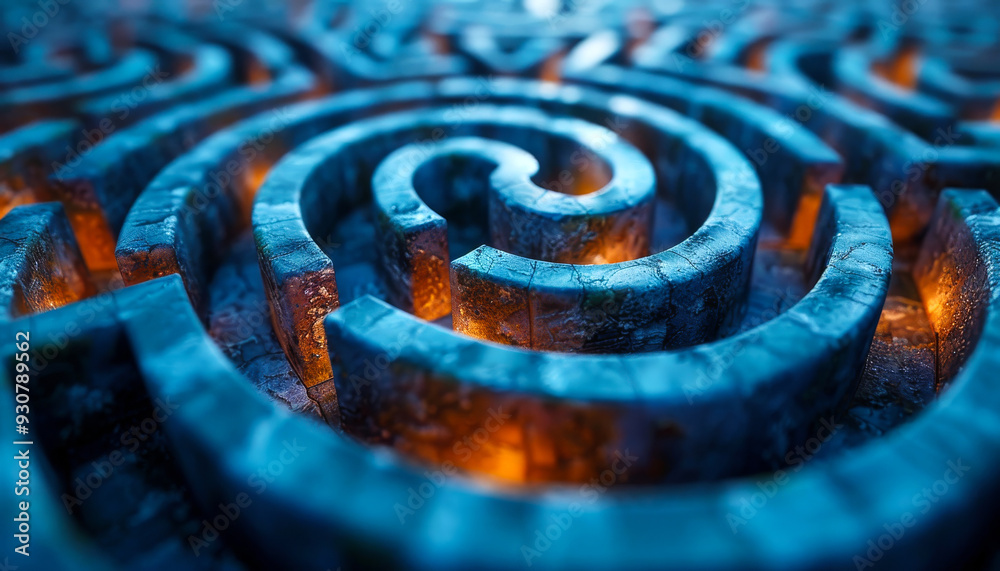 A blue and orange spiral maze with a lighted path. The maze is made of ...