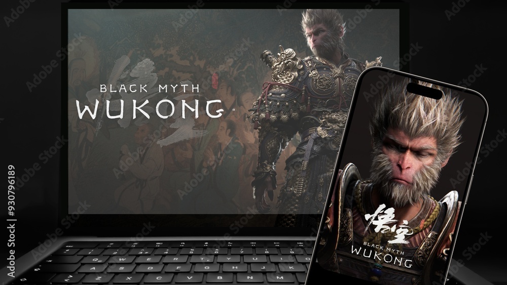 Black Myth Wukong game visual on a smartphone and laptop screen Stock ...