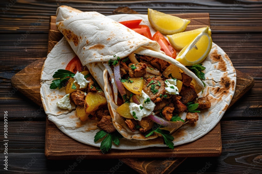 Detailed close-up photography of a delicious doner kebab on a wooden ...