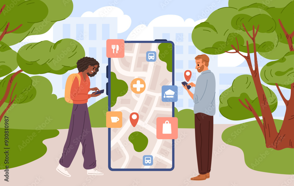 Cartoon people use smartphone functions. Mobile navigator application ...