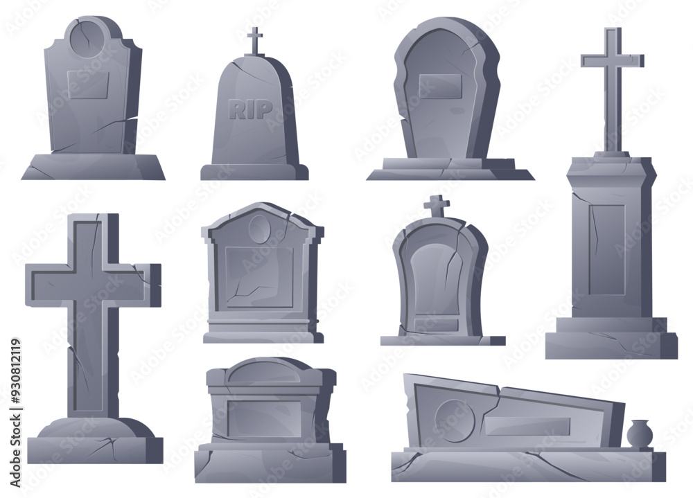 Cartoon cemetery gravestones. Medieval stone grave crosses. Halloween ...