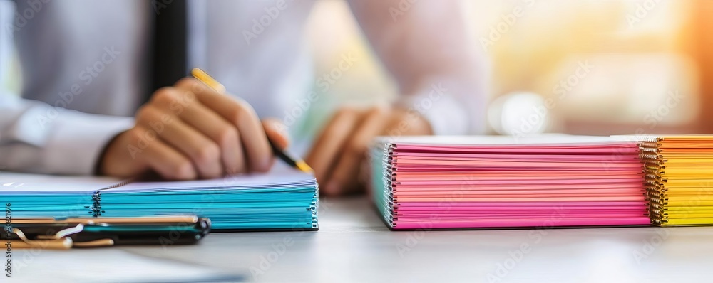 Business manager implementing a color-coded filing system, organization ...