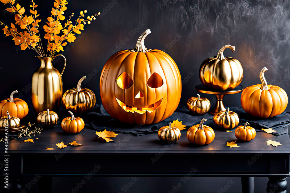 Gold Halloween decor from pumpkins of different sizes, vases with ...