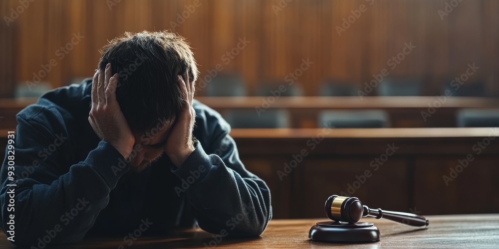 In a tense courtroom, a lone defendant faces the judge, embodying the ...