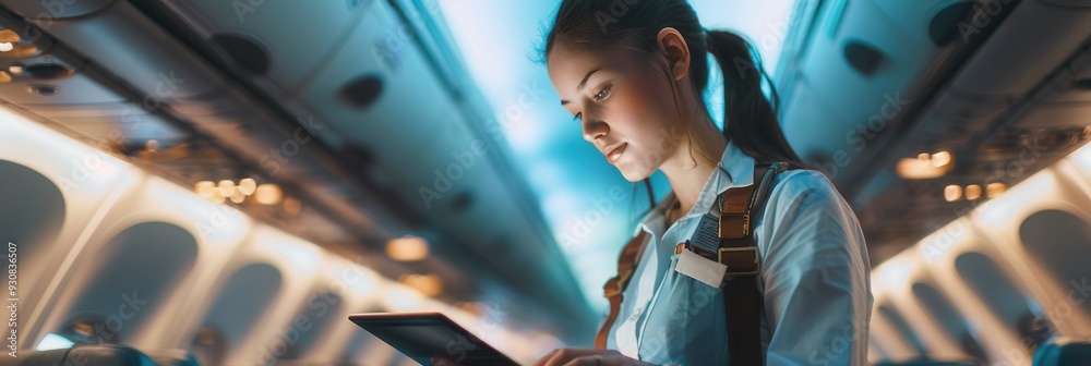 The flight attendant reviews her checklist while standing in the aisle ...