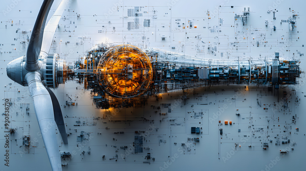 Abstract illustration of wind turbine generating renewable energy. Wind ...