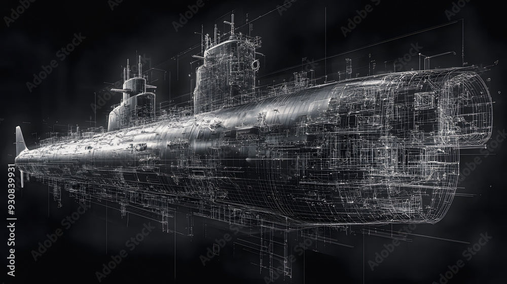 Abstract illustration of a military submarine in the middle of the ...