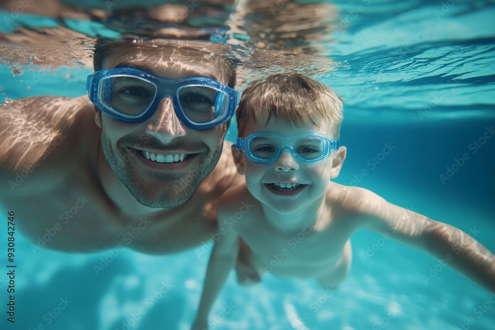 Father and son swimming underwater in a pool, wearing goggles and ...