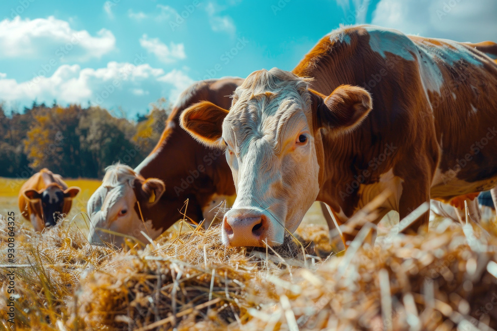 Clean breeding cows eating hay on bio organic dairy farm outdoors ...