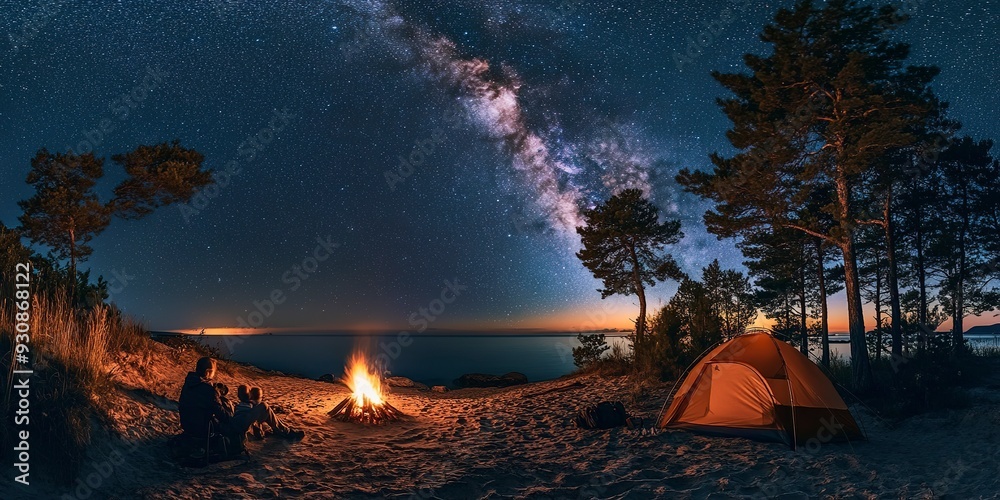 resolution images A family camping near the sea, sitting around ...