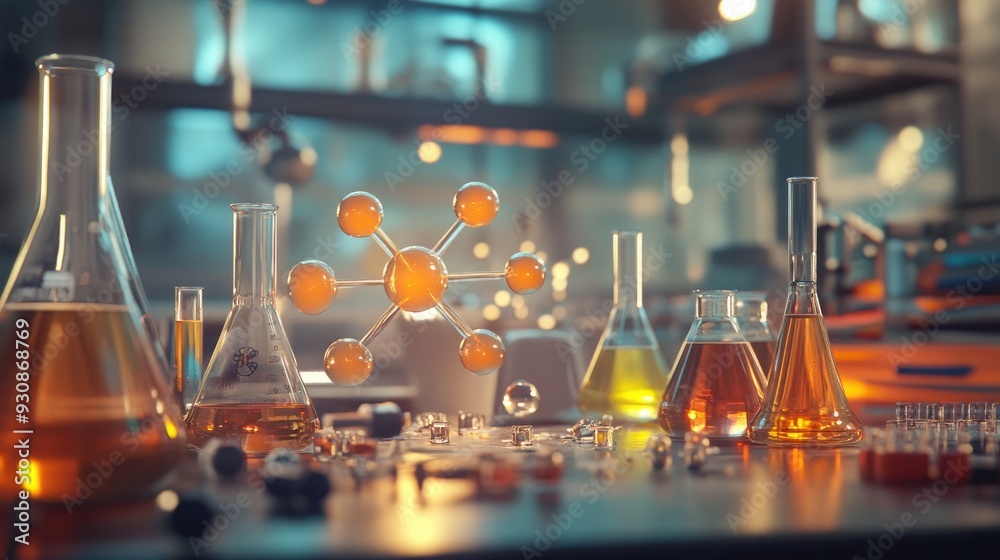 Chemistry lab scene with glass tubes, beakers, and molecular models ...