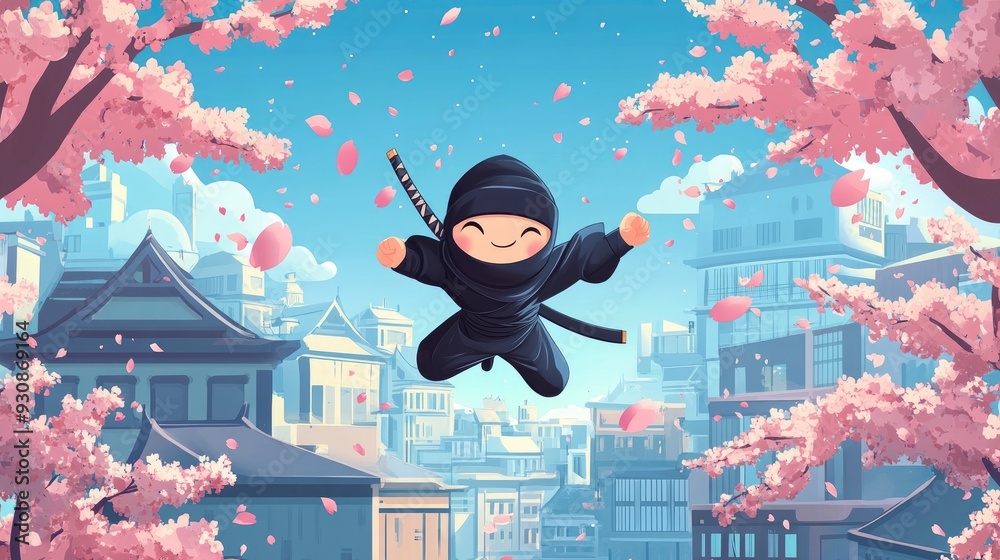 Cute Japanese-style cartoon character dressed as a ninja with a smiling ...