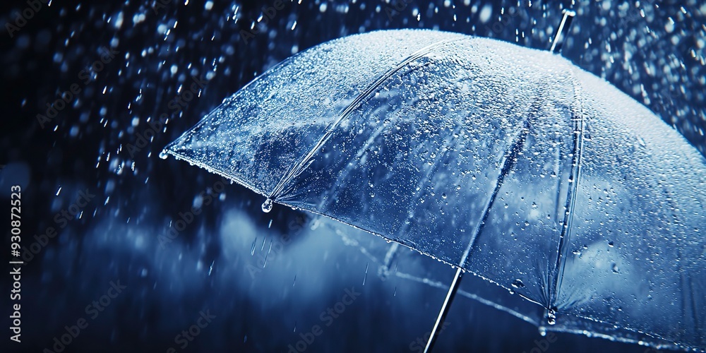 Transparent umbrella under heavy rain against water drops splash ...