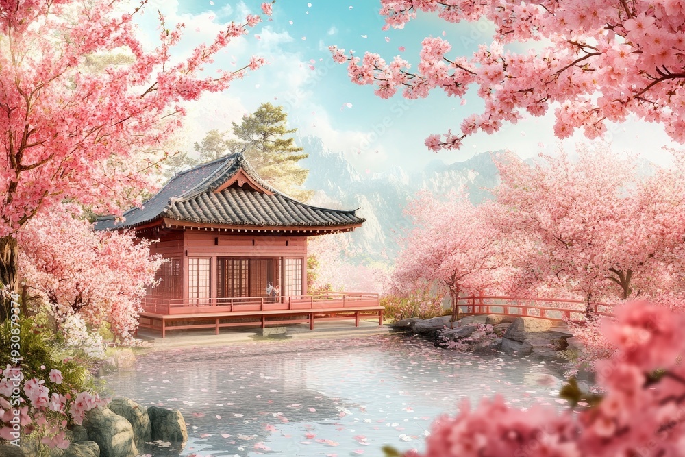 Sakura blossom in the garden with japanese style building background ...