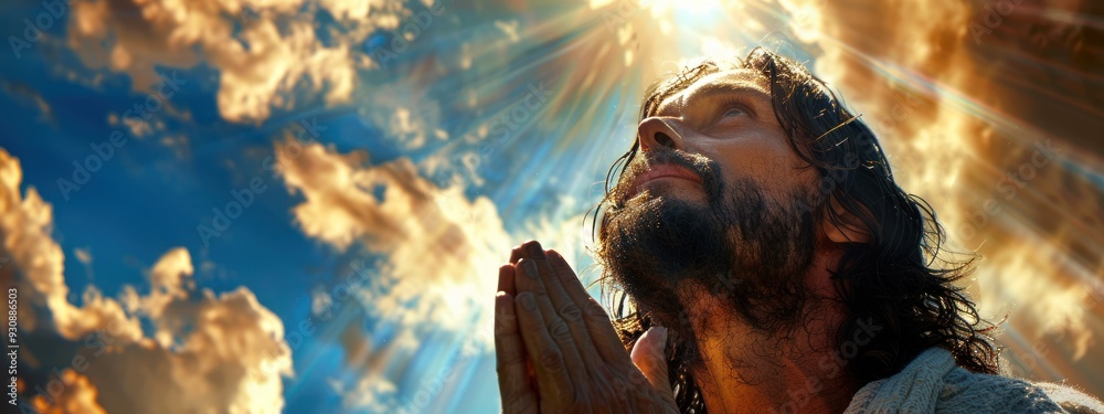 Spiritual reverence: Jesus Christ prays to god father, depicting ...
