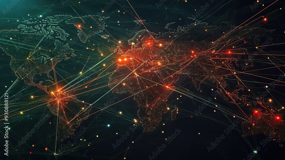 A digital network map with global nodes and connections, representing ...