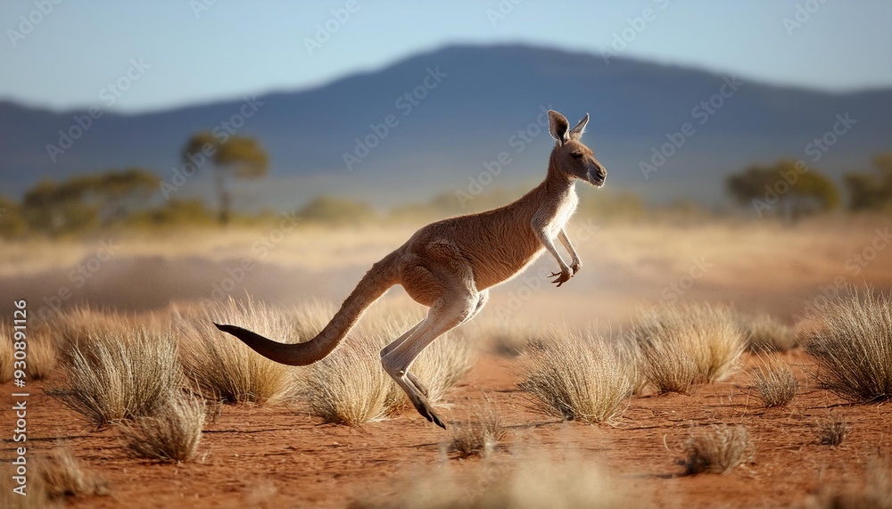 A kangaroo in mid-hop, frozen in motion, with the arid Australian ...