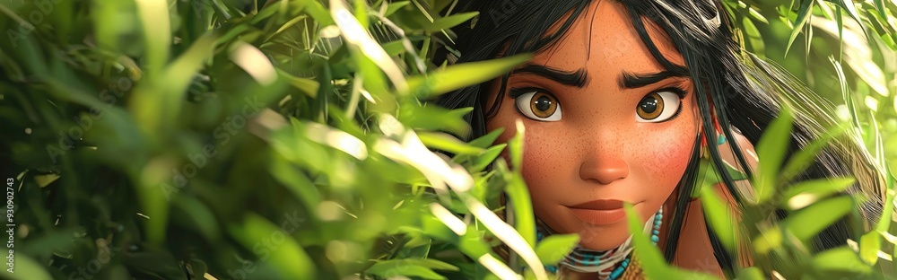 3D Cartoon Native American Girl Hiding Behind a Bush Stock Illustration ...