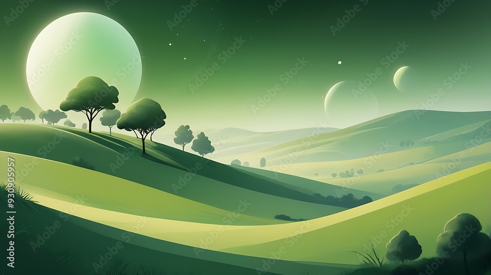 Green hills, trees, winding path, moon, stars, light. Ideal for ...