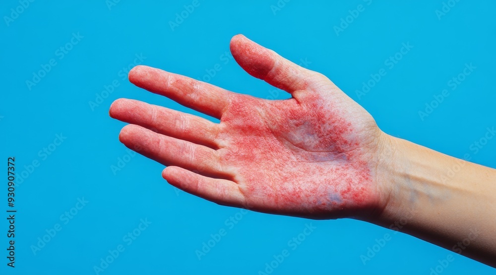 This image clearly depicts a hand that has developed noticeable red ...