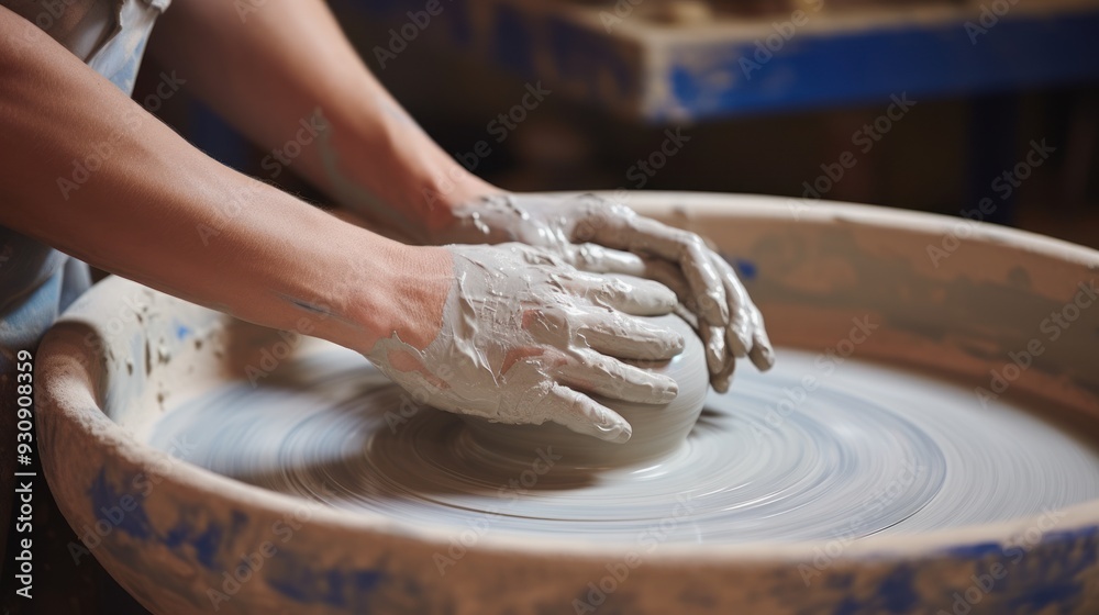 Intimate craft of potter hands molding clay, tactile process of shaping ...