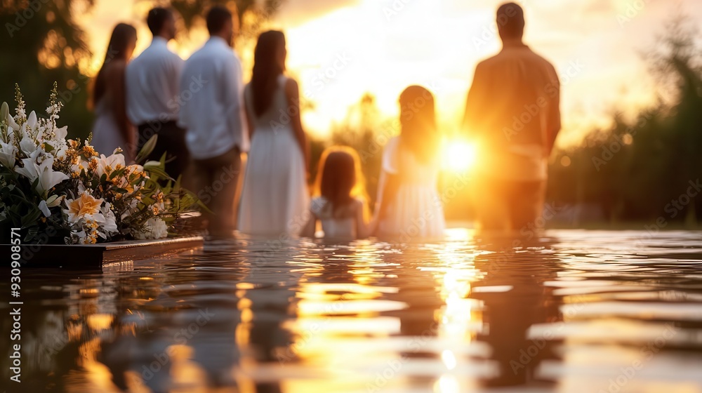 Conceptualize a Protestant baptism ceremony by immersion, with family ...