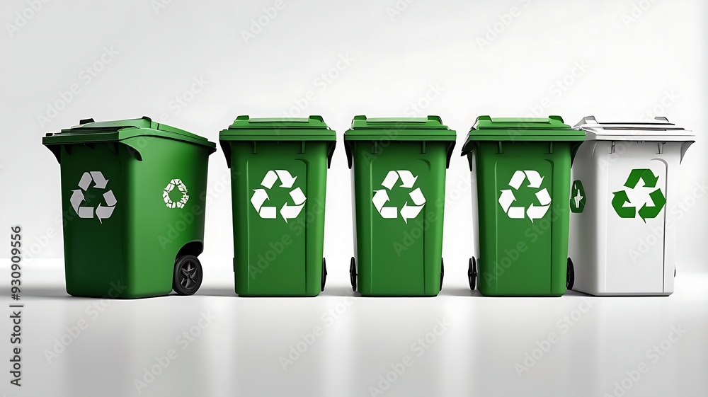 Five recycle bins gray, white, green, recycling symbol. Ideal for ...