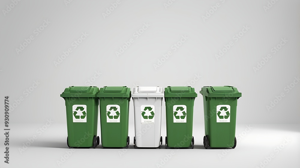 Five recycle bins gray, white, green, recycling symbol. Ideal for ...
