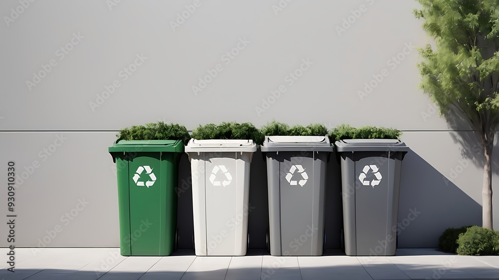 Five recycle bins gray, white, green, recycling symbol. Ideal for ...