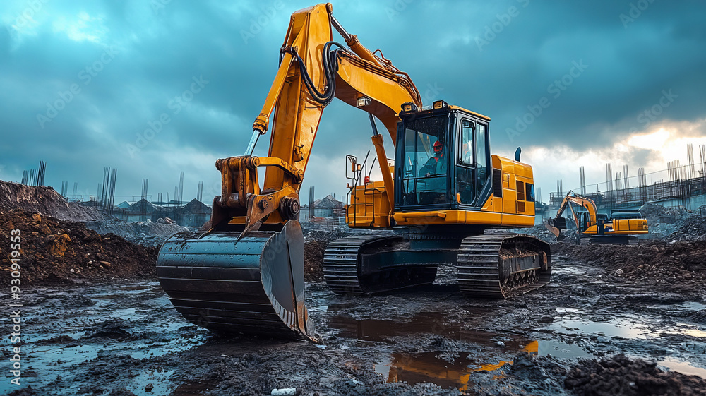 A powerful scene depicting heavy machinery operators at work ...