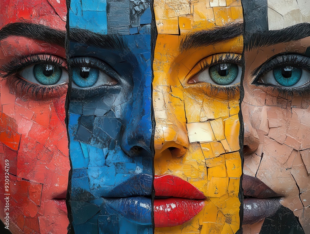 surreal collage of diverse female faces fractured yet harmonious ...