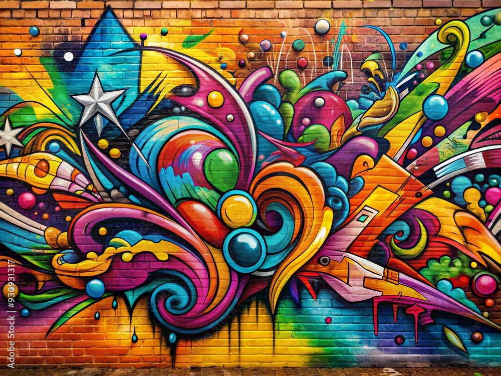 Vibrant graffiti artwork dominates a brick wall with bold aerosol ...