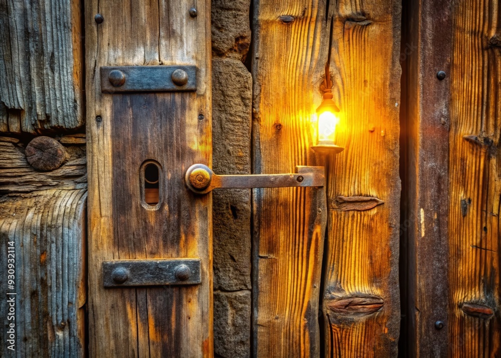 Aged wooden door ajar, revealing a sliver of bright light, with a worn ...