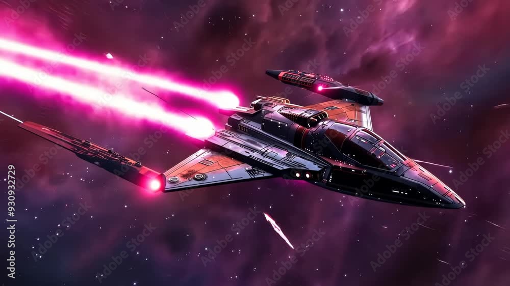 Animation of futuristic heavy starship flying in outer space ...