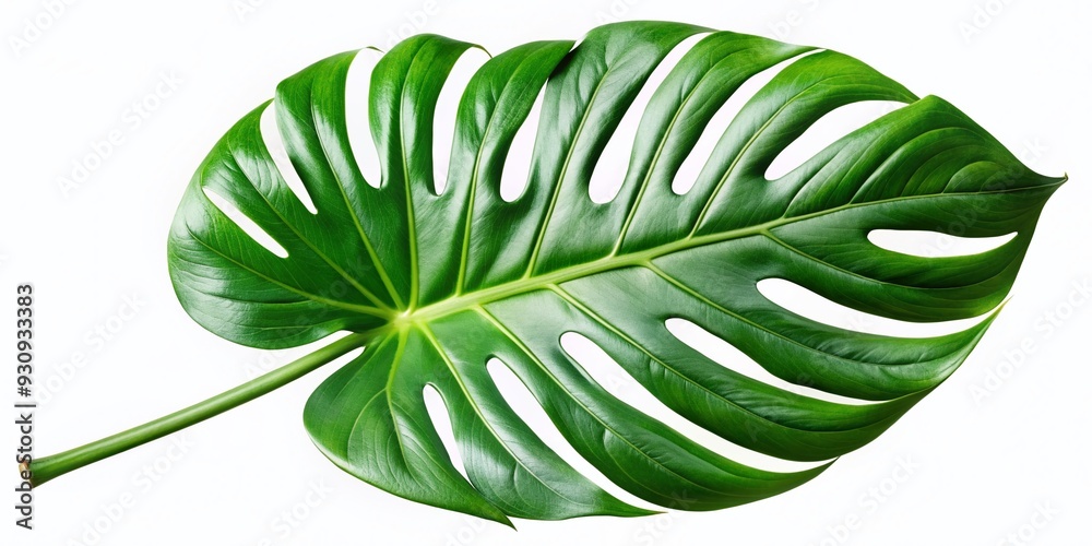 Vibrant green Monstera deliciosa leaf with glossy, heart-shaped blade ...