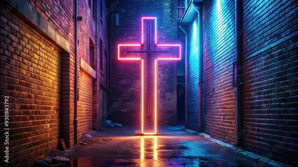 Neon cross glowing in dark alleyway with urban background, neon, cross ...