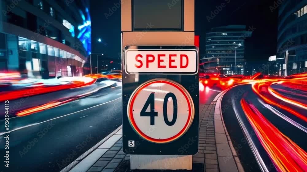 A speed limit sign of 40kmh on a city street at night with blurred ...