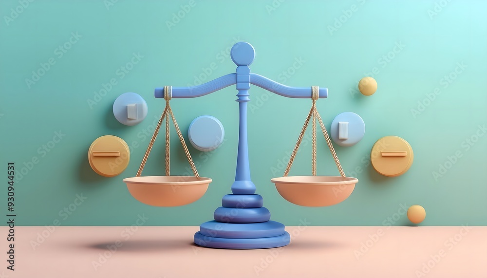 3 render of a scale of justice in balancing money and legal symbols ...