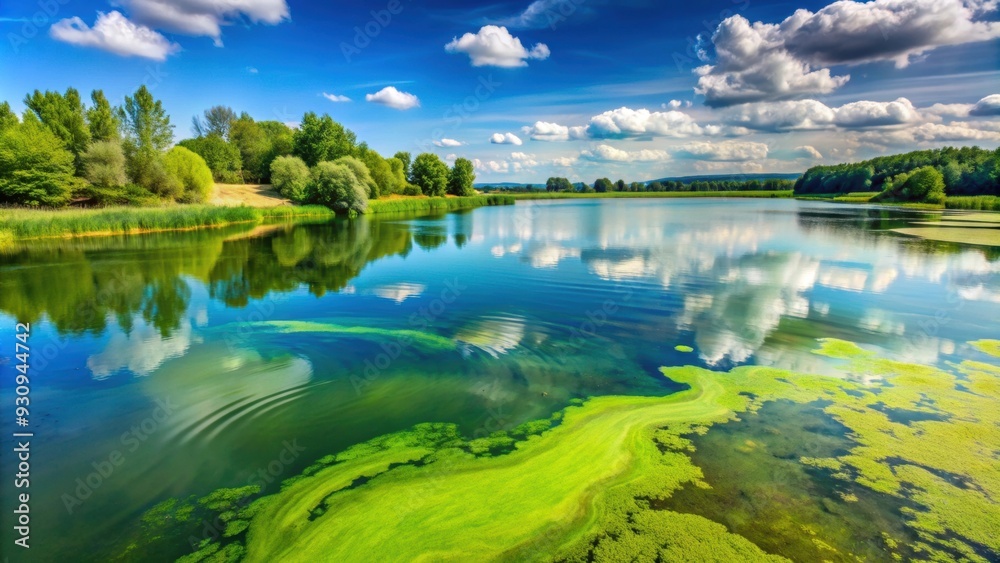 Serene lake covered in algae blooms due to agricultural runoff, lake ...