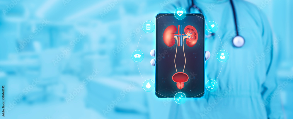 Doctor analyzes male urinary system isolated on light blue background ...