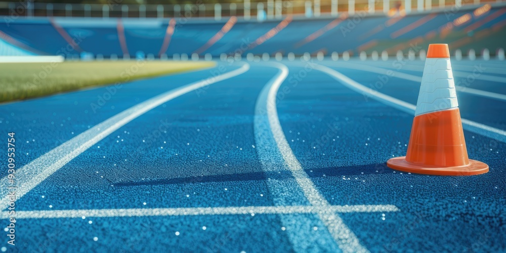 Blue synthetic running track with 6 lanes white starting line numbers 4 ...