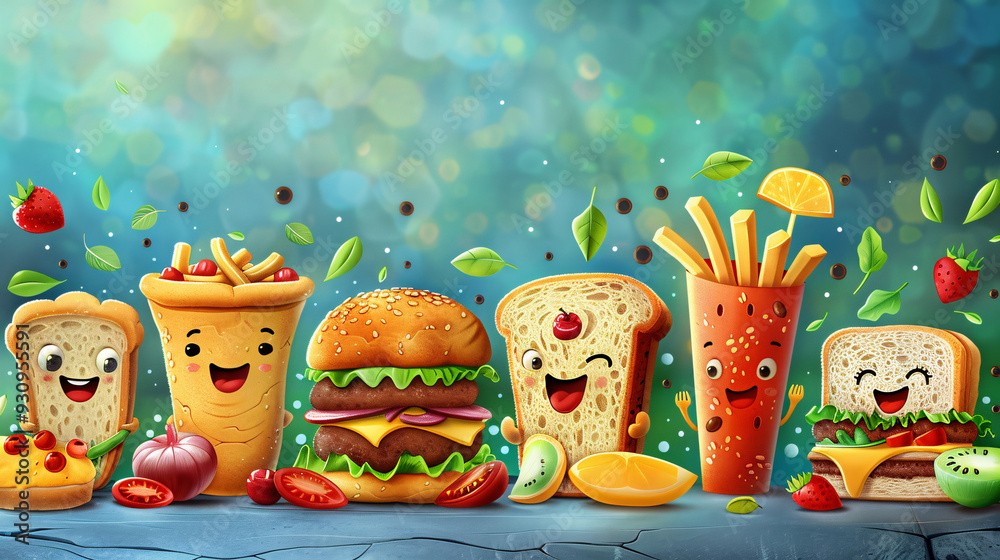 Restaurant menu design with a funny bread cartoon mascot and various ...