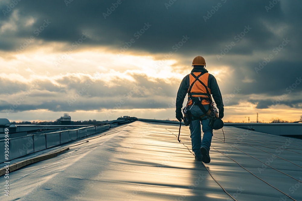 Construction safety inspector wearing fall safety harness walking on ...
