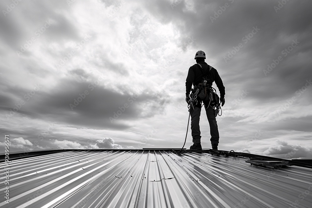 Construction safety inspector wearing fall safety harness walking on ...