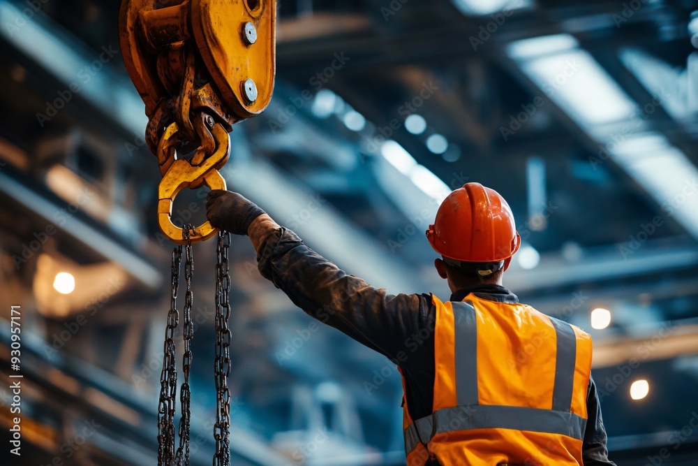 Rope access rigger wearing harness safety helmet heavy duty glove ...