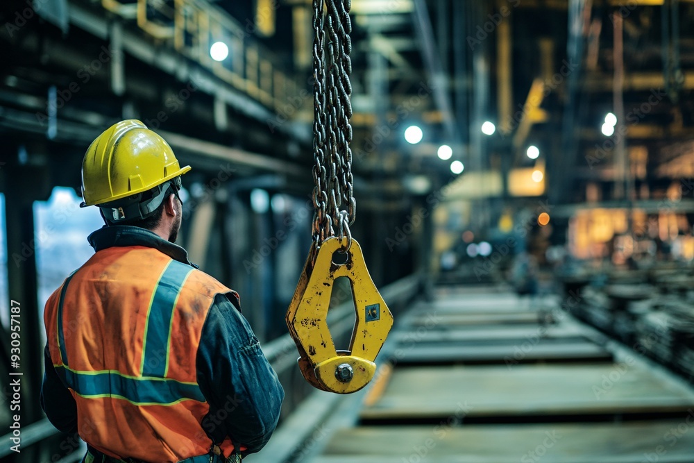 Rope access rigger wearing harness safety helmet heavy duty glove ...