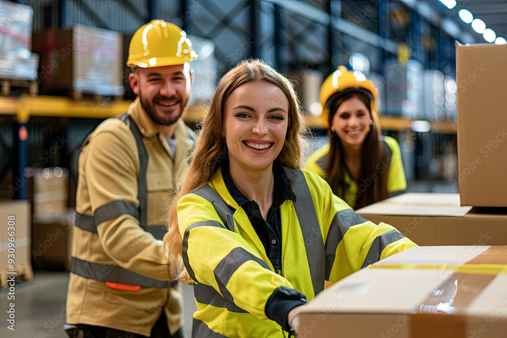 Warehouse Teamwork: A Diverse Team of Warehouse Workers Smiling and pushing boxes in a modern ...